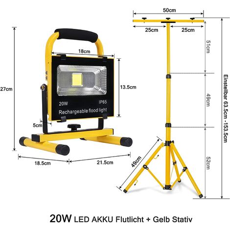 UISEBRT LED Baustrahler AKKU mit Stativ, 2 * 20W Kaltweiß LED ...