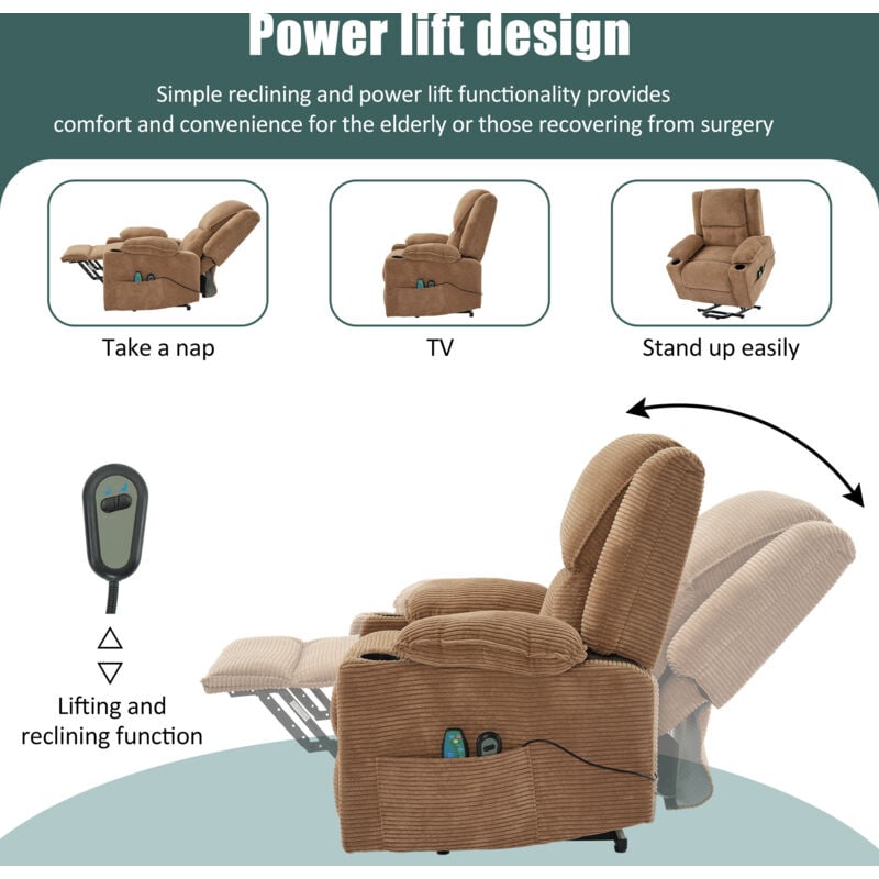 Oversized Power Lift Chairs Recliner Chair with Heat and Massage Single Sofa with Cup Holders Upholstered Soft Fabric Living Room Sofa Chair Light Brown