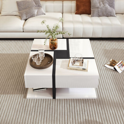 Coffee Table Table with 4 Drawers Unique Color Matching and Line Design Storage Space at the Bottom 78x78x36cm White