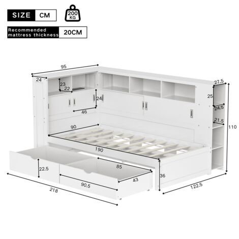 Platform Bed with Trundle & Bookcase & USB,Single Bed 90x190cm ...