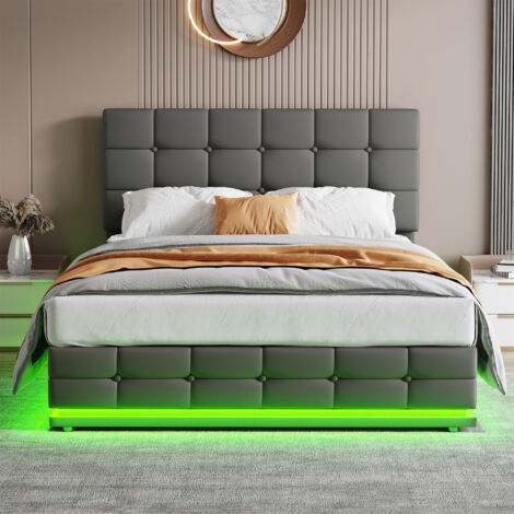 Ottoman Double Bed with LED Lighting, PU Leather Upholstered Bed with ...