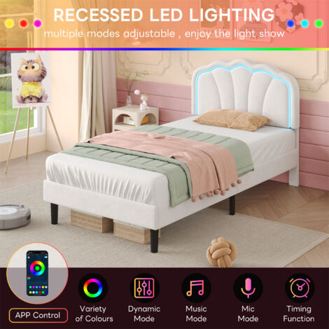 3ft Single Upholstered Bed with LED Adjustable Shell Headboard - Velvet ...