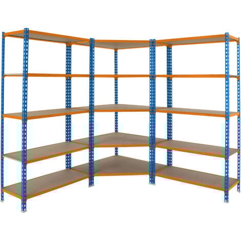 SIMONCLICK Étagère 5 étagères en métal sans vis (180x180x40cm) BLEU-ORANGE ET BOIS