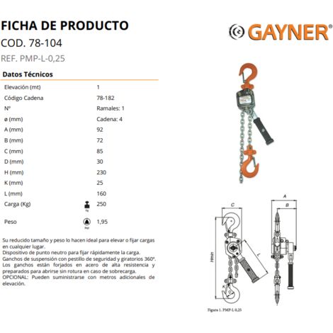 Palan à levier manuel, 0,25 t, course 1 m Gayner 78-104