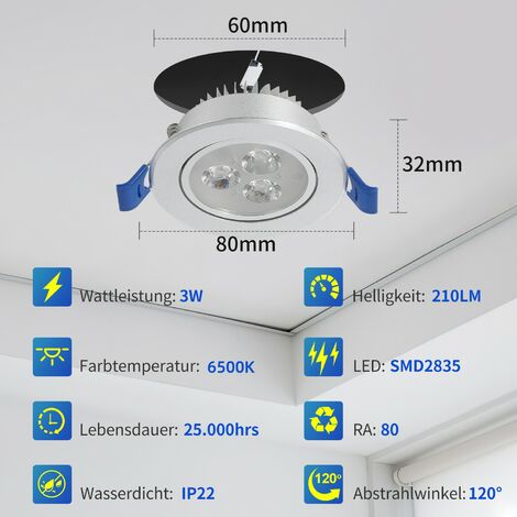 VINGO Led Einbaustrahler 230V Deckenspots Led Spots 20pcs 3W Kaltweiß ...