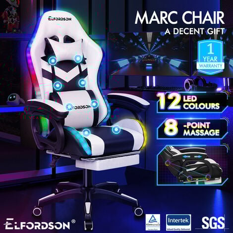 ELFORDSON Gaming Office Chair with RGB LED Light 8 Point Massage White Black