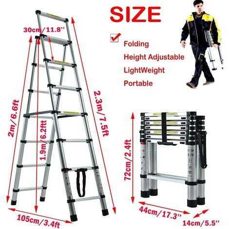 2M-2.3M Telescopic Ladder Aluminium Herringbone Ladder Extendable ...