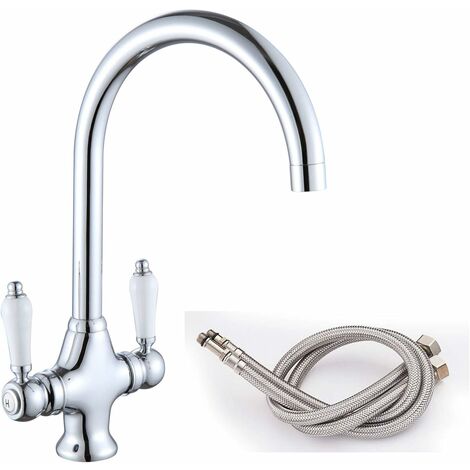 Chrome Kitchen Mixer Taps Double White Ceramic Handles and 360 Degree ...