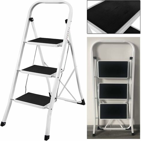 3 Step Steel Ladder Foldable Compact Step Tool Anti Slip Feet Easy to ...