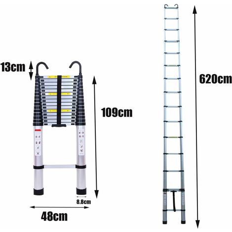 6.2M Aluminium Telescopic Ladder with Detachable Hook, Portable ...