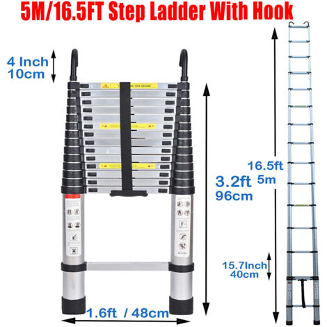 5M/16.5FT Telescopic Extension Alloy Step Ladder Folding Extension ...