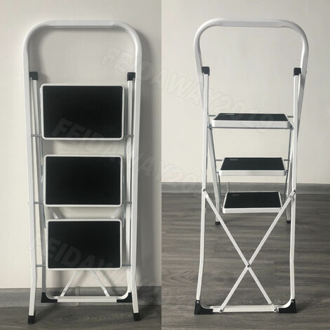 Steel Folding 3 Step Ladder Safety Non Slip Tread Ladders Kitchen DIY ...