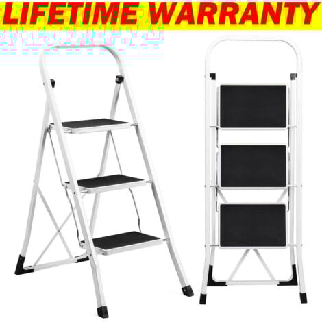 Folding 3 Tread Step Ladder Heavy Duty Steel Safety Stepladder with Non ...