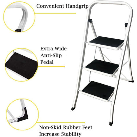 Folding 3 Tread Step Ladder Heavy Duty Steel Safety Stepladder with Non ...
