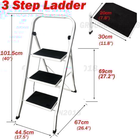 Folding 3 Tread Step Ladder Heavy Duty Steel Safety Stepladder with Non ...