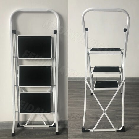 Folding 3 Tread Step Ladder Heavy Duty Steel Safety Stepladder with Non ...