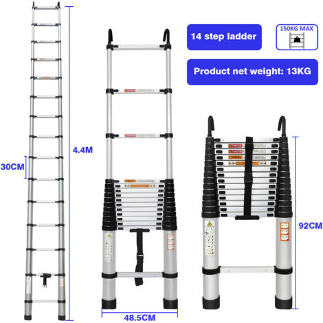 4.4M Heavy Duty Telescopic Ladders With Hooks 14 Steps Aluminum ...