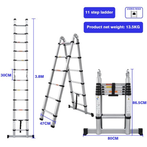3.8M Telescopic Ladder 1.9m+1.9m A-Frame Retractable Extension Multi ...