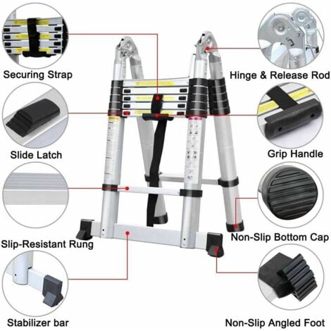 3.8M Telescopic Ladder 1.9m+1.9m A-Frame Retractable Extension Multi ...
