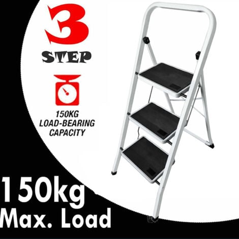 3 Step Ladder Steel Portable Folding Heavy Duty Ladders Non-Slip Rubber ...