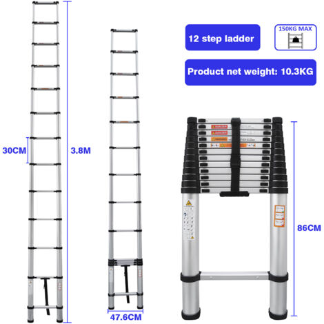 12.5ft (3.8m) Telescoping Ladder Climb Home Builders Attic Loft Work ...