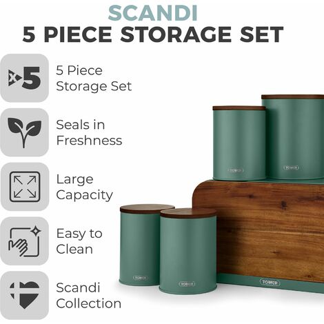Tower T826140JDE Scandi 5-Piece Acacia Wood Storage Set with Bread Bin ...
