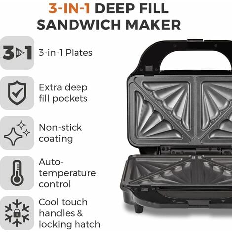 Tower T27032 3-in-1 Deep Filled Snack Maker with Non-Stick Coated Plate ...