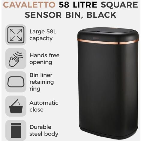 Tower T838010BLK Cavaletto Square Sensor Bin, 58L, Black and Rose Gold