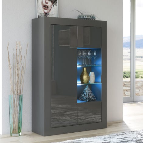 Arcadia Display Cabinet - Dark Grey with Gloss Doors & LED - 140cm