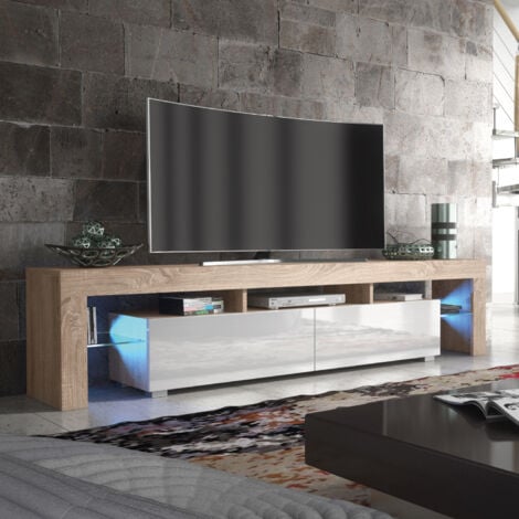 Nova TV Unit - Oak with White Gloss Doors & LED - 200cm