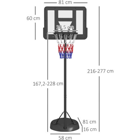 Canasta de baloncesto con altura ajustable 216-277 cm aro de baloncesto ...