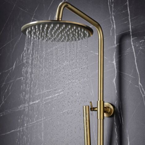 Core Brushed Brass Thermostatic Round Rigid Riser Shower Valve Two Heads