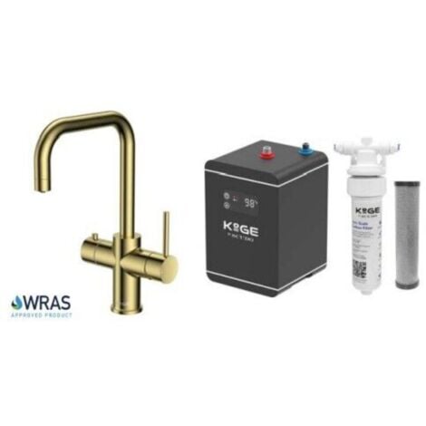 3 in 1 Instant Hot Water Kitchen Tap Square Spout Brushed Brass Finish