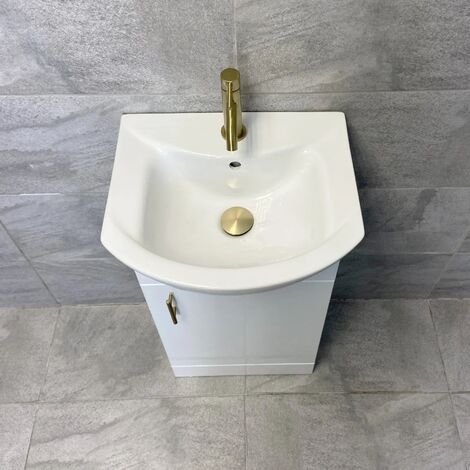 Vanity Unit Bathroom Sink Basin Storage White with Gold Brushed Brass ...