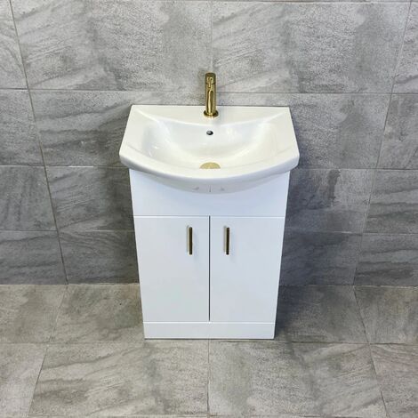 Vanity Unit Bathroom Sink Basin Storage White with Gold Brushed Brass ...
