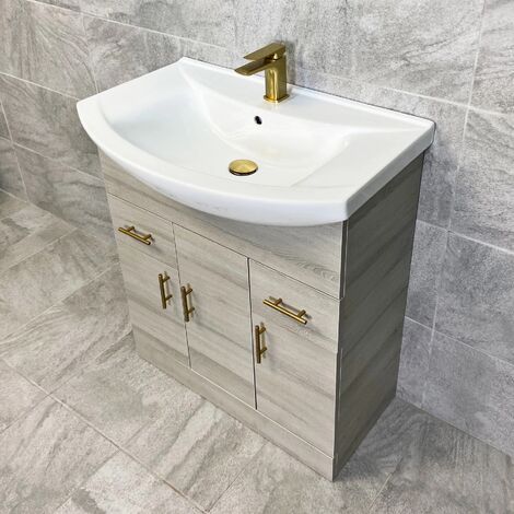 750mm Grey Ash Vanity Basin Sink Unit with Gold Brushed Brass Handles ...