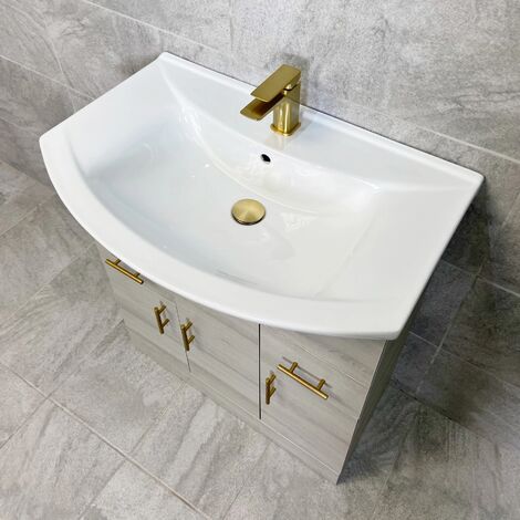 750mm Grey Ash Vanity Basin Sink Unit with Gold Brushed Brass Handles ...