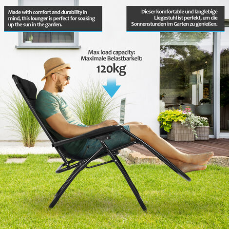 MIADOMODO® Liegestuhl - Klappbar, Verstellbar, Tragbar, mit Armlehnen, Kopfkissen, Stahlrahmen ...