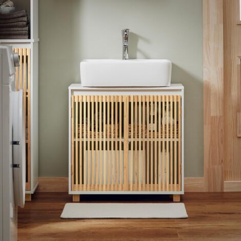 SoBuy Under Sink Cabinet Bathroom Vanity Unit with 2 Bamboo Slatted Doors BZR125 W