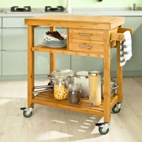 SoBuy Bamboo Kitchen Trolley with Drawers & Towel Paper Holder,FKW26-N
