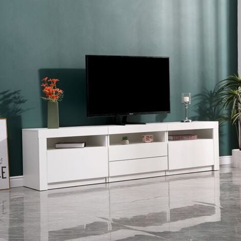 White 200cm TV Stand Cabinet with Lights White Drawers Storage For 75 ...