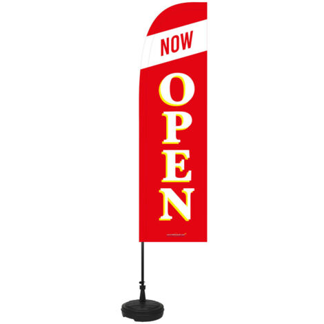 Drapeau "OPEN" de dimensions 263 x 75 cm avec kit socle plastique et mât