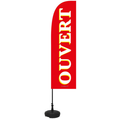 Drapeau "OUVERT" de dimensions 263 x 75 cm avec kit socle plastique et mât