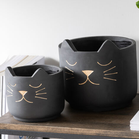 Petit cache Pot en ciment Chat noir et Or