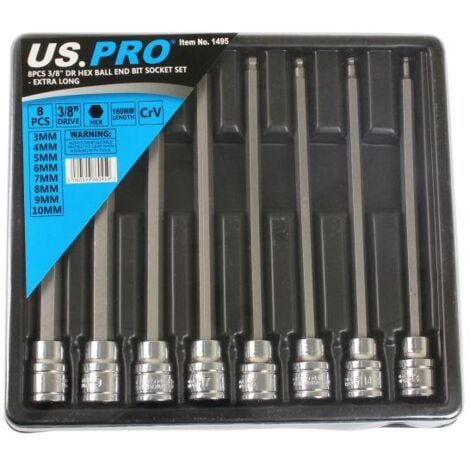 US PRO 8pc 3/8" Long Ball End Hex Allen Bit Key Sockets 1495