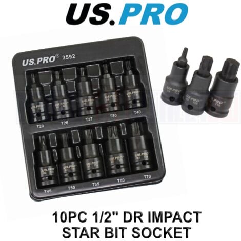 US PRO Tools 10PC 1/2 DR Torx Impact Star Bit Socket Set T20 - T70 3592