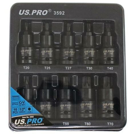 US PRO Tools 10PC 1/2 DR Torx Impact Star Bit Socket Set T20 - T70 3592