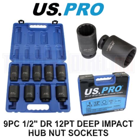 US PRO Tools 9pc 1/2" Dr 12pt Deep Impact Hub Nut Sockets 29mm to 38mm 3688