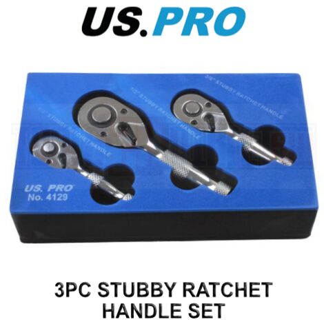US PRO 3pc STUBBY RATCHET HANDLE SET 1/4 - 3/8 & 1/2dr B4129