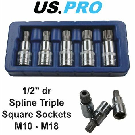 US PRO 5 Piece 1/2 Drive Spline Triple Square Bit Sockets M10 - M18 2076